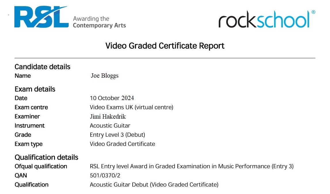 Rockschool (RSL) Debut guitar exam – Video Graded Certificate Report ...